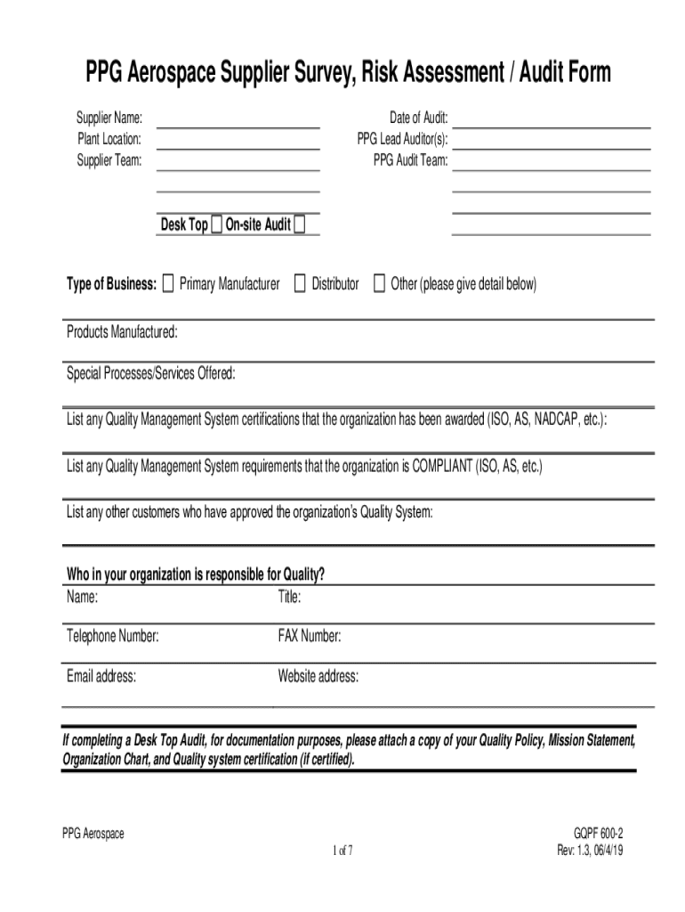 Fillable Online PPG Aerospace Supplier Survey, Risk Assessment / Audit ...