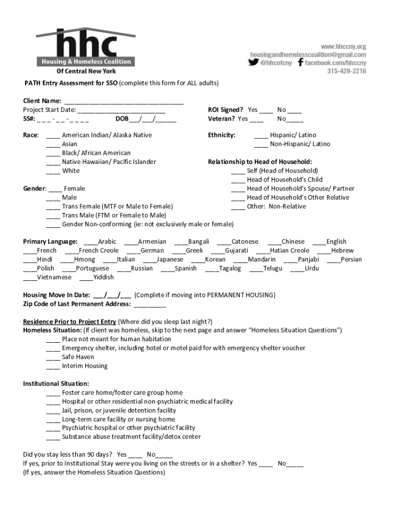 Fillable Online PATH Entry Assessment for SSO Fax Email Print - pdfFiller