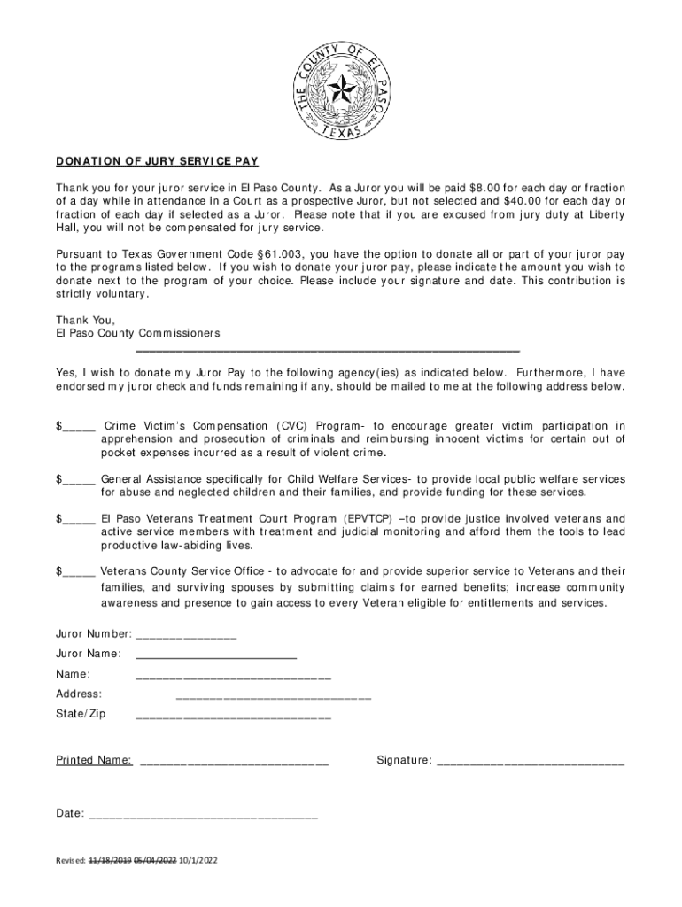 Fillable Online DONATION OF JURY SERVICE PAY Thank you for your juror ...