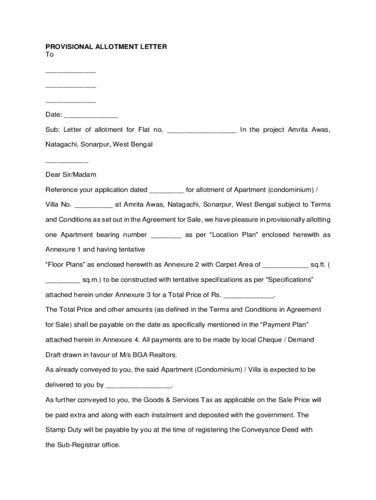 Fillable Online PROVISIONAL ALLOTMENT LETTER To Fax Email Print - pdfFiller