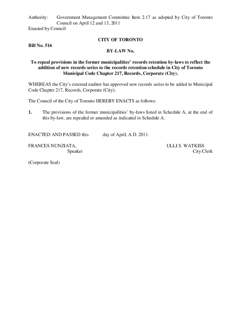 Fillable Online About Bills, By-laws and the Municipal Code - City of ...