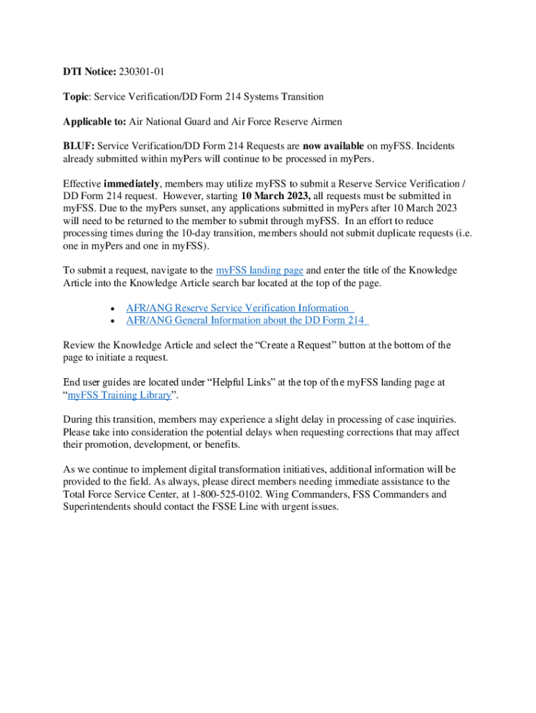 Fillable Online DTI Notice: 230301-01 Topic: Service Verification/DD ...