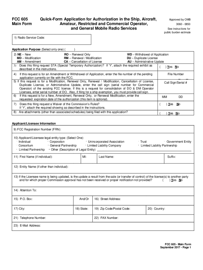 Fillable Online FCC 605 Quicick-Form Application for Authorization in ...