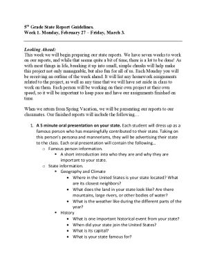 Fillable Online 5th Grade State Report Guidelines. Week 1. Monday ...