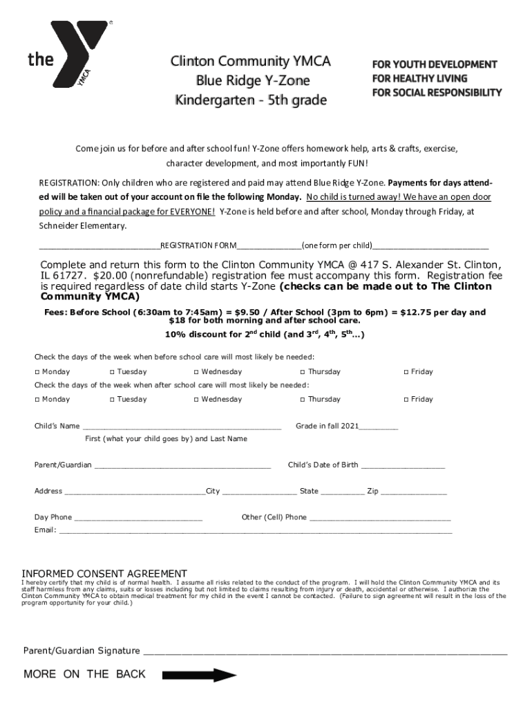 Fillable Online Clinton Community YMCA Blue ridge Y-Zone Kindergarten ...
