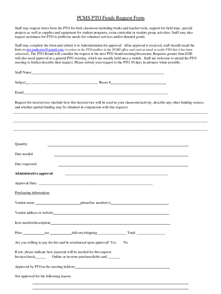 Fillable Online PTO Funds Request Form Teachers May Request Items From ...