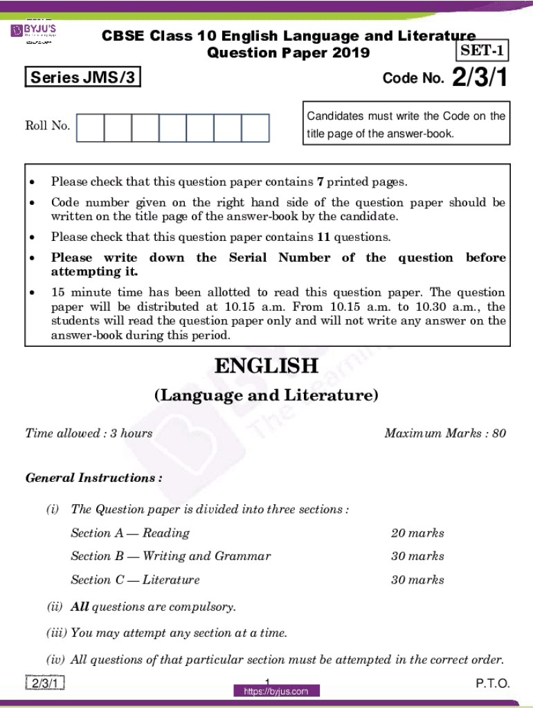 Fillable Online CBSE Class 10 English Language and Literature Question Paper ... Fax Email Print ...