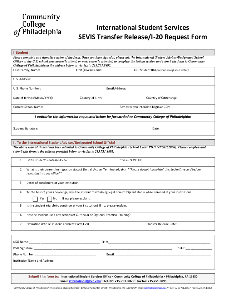 Fillable Online International Student Services SEVIS Transfer Release/I ...