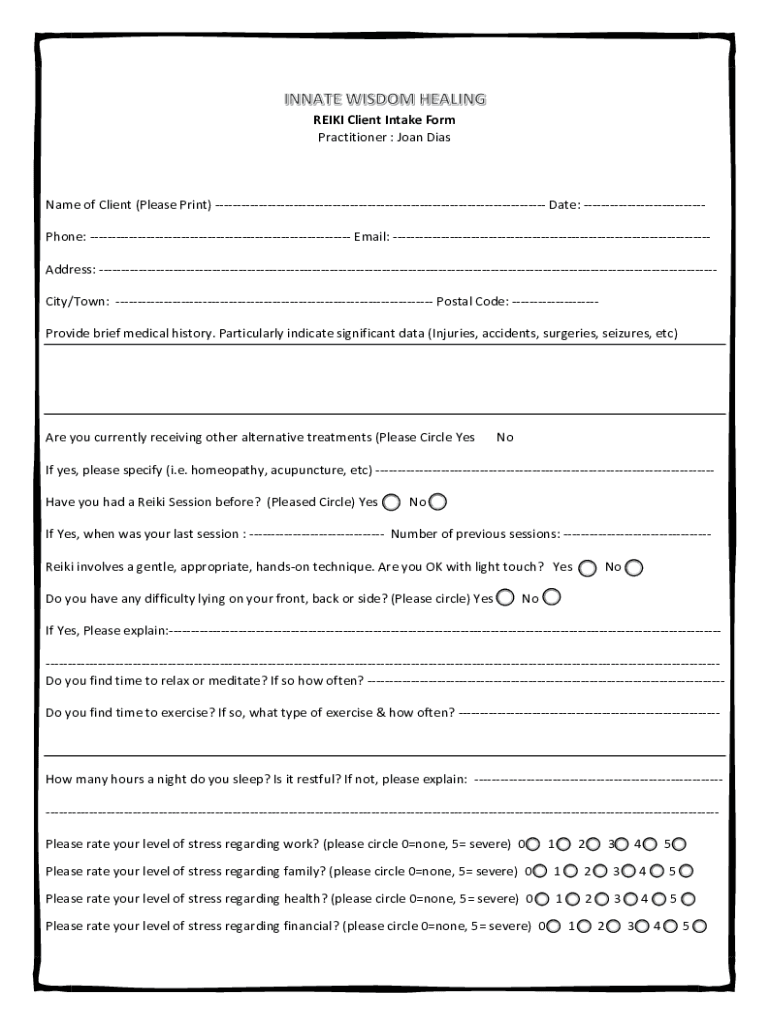 Fillable Online Reiki Client Intake Form - Fill Online, Printable ...