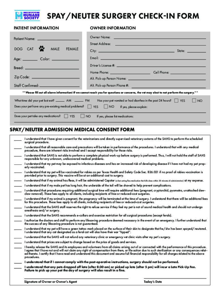 Fillable Online SPAY/NEUTER SURGERY CHECK-IN FORM - San Antonio ... Fax ...