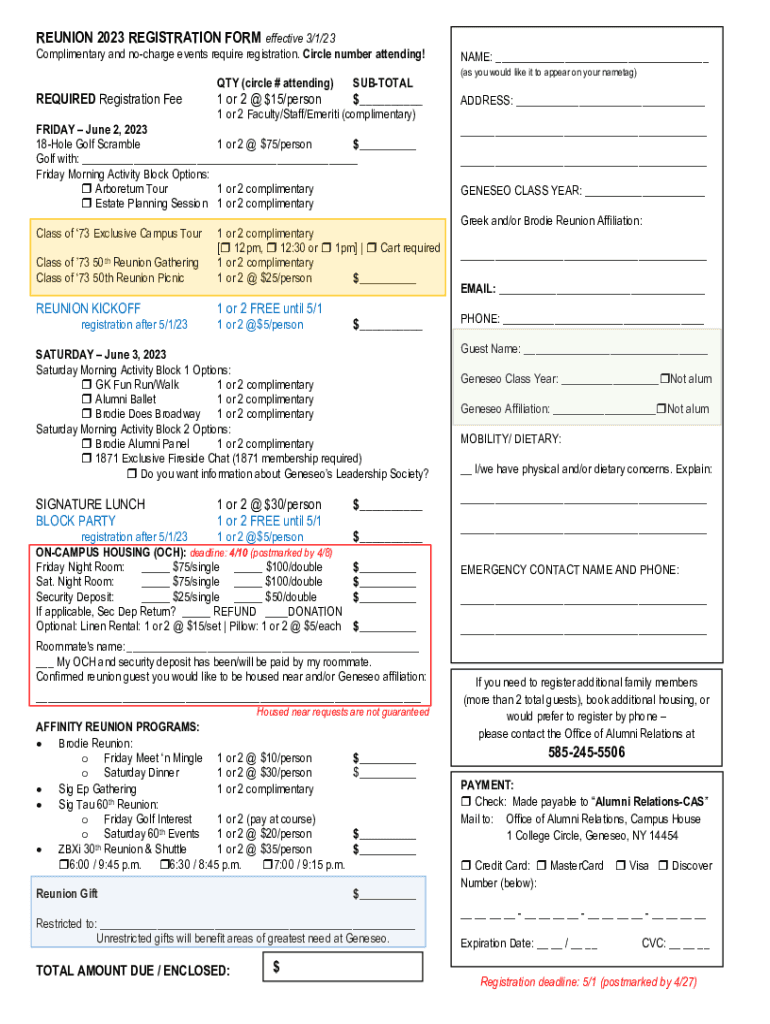 Fillable Online REUNION 2023 REGISTRATION FORM effective 3/1/23 $ 585 ...