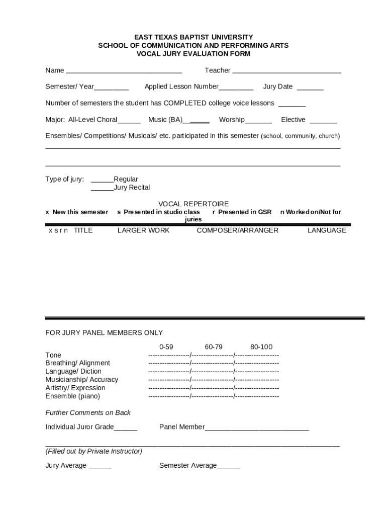 Voice Jury Sheet - East Texas Baptist University Doc Template | pdfFiller