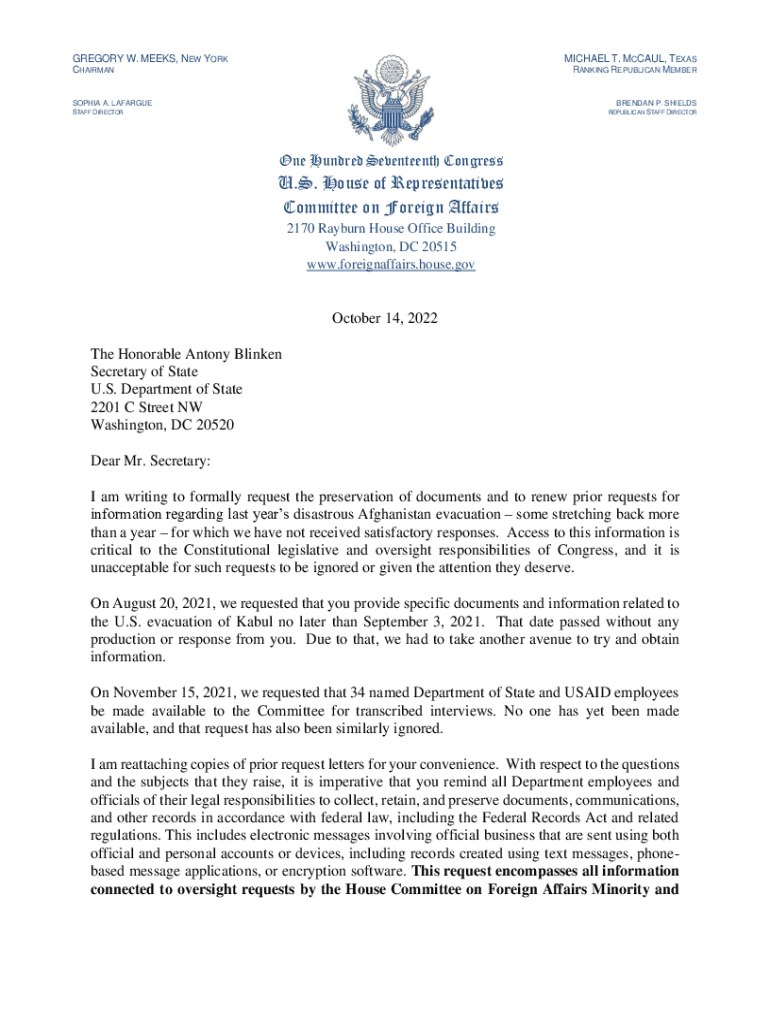 Fillable Online foreignaffairs house Final - Letter to State, DOD, ODNI ...