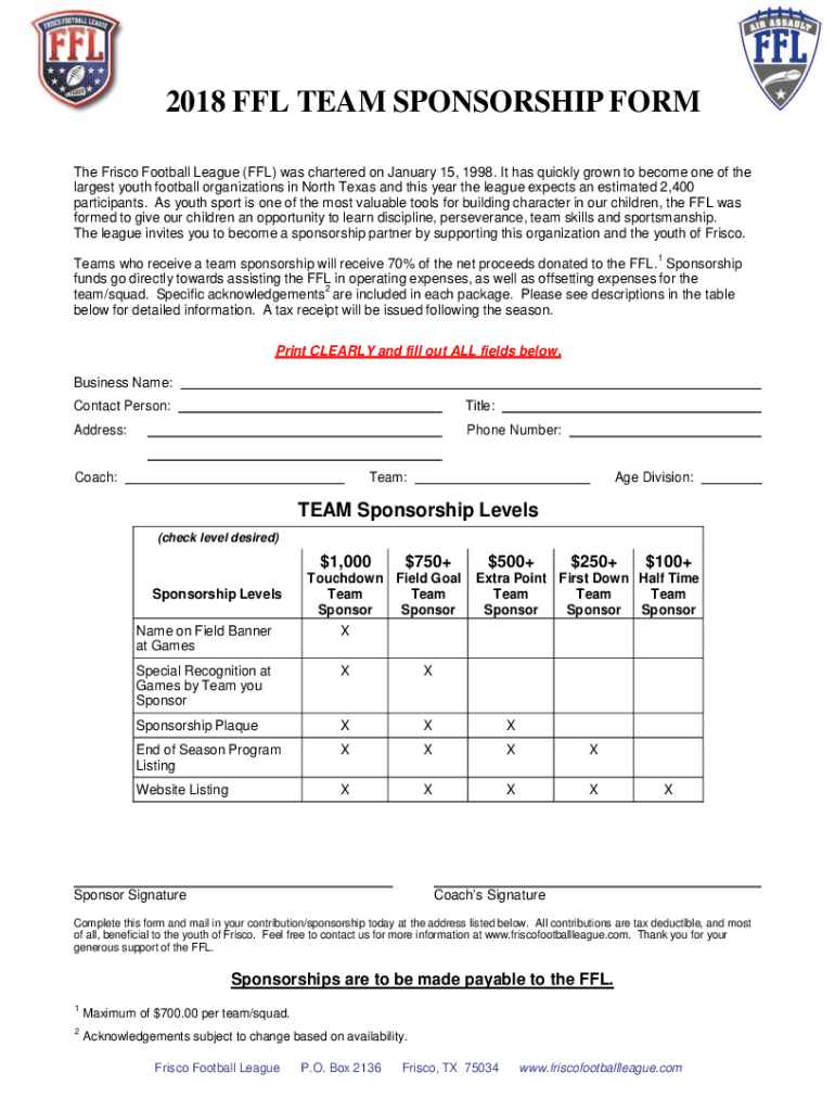Fillable Online Frisco Football League Team Sponsorship Form Fax Email ...