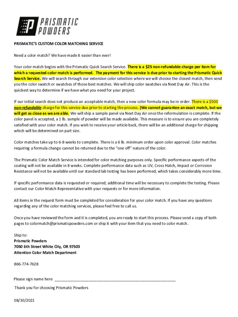 Fillable Online Prismatic's Custom Color Matching Service - NIC ...