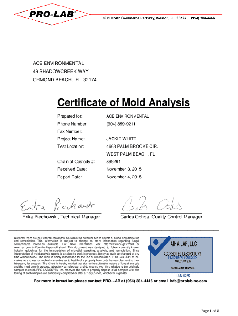 Fillable Online Certificate of Mold Analysis - Lab Results Login Fax ...
