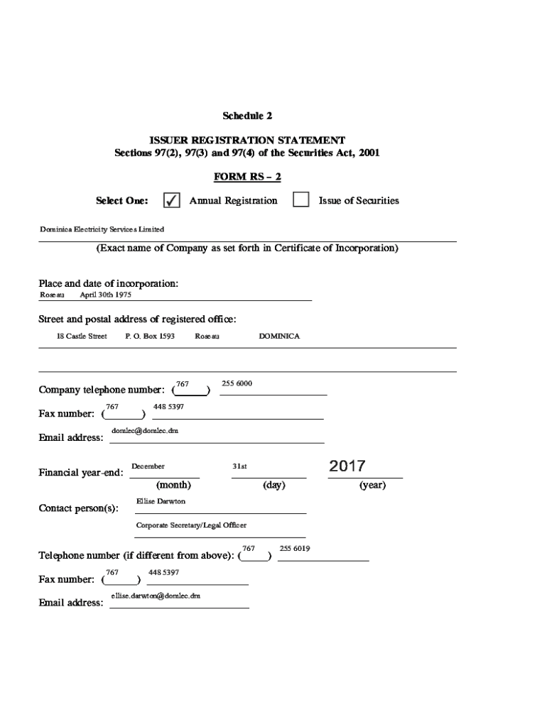 Fillable Online Schedule 2 ISSUER REGISTRATION STATEMENT Sections ...