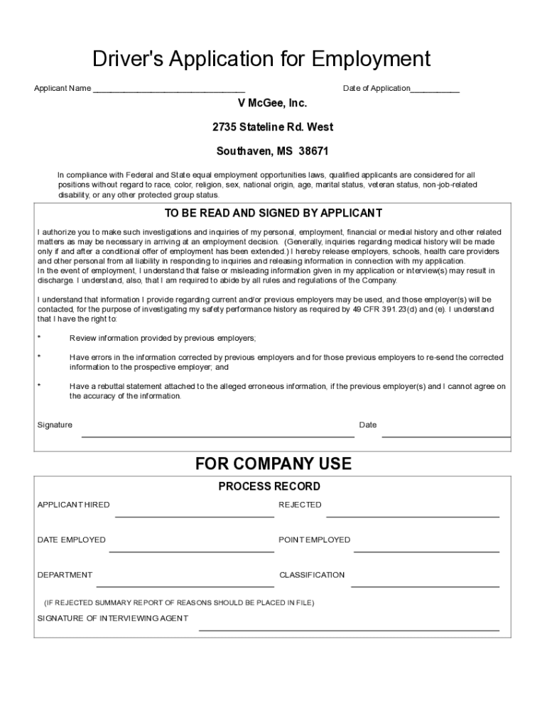 Fillable Online Driver's Application for Employment - V McGee Trucking ...