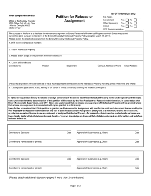 Fillable Online ott emory Emory Intellectual Property Petition Release ...