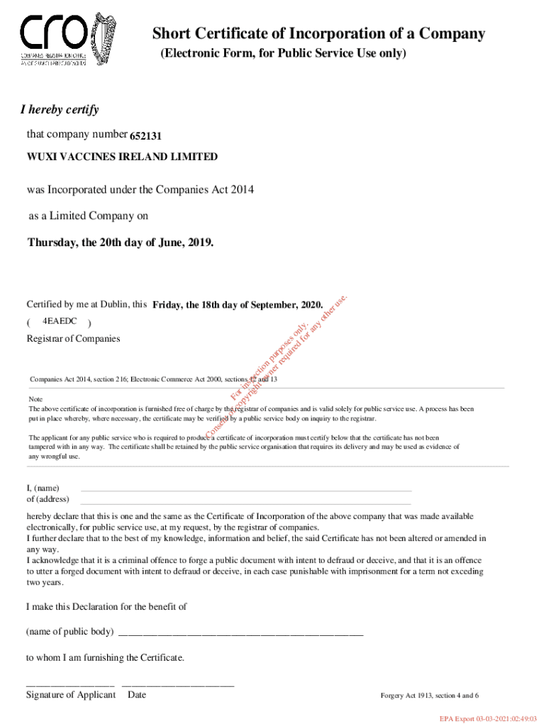 Fillable Online Short Certificate of Incorporation of a Company - UCC Fax Email Print - pdfFiller