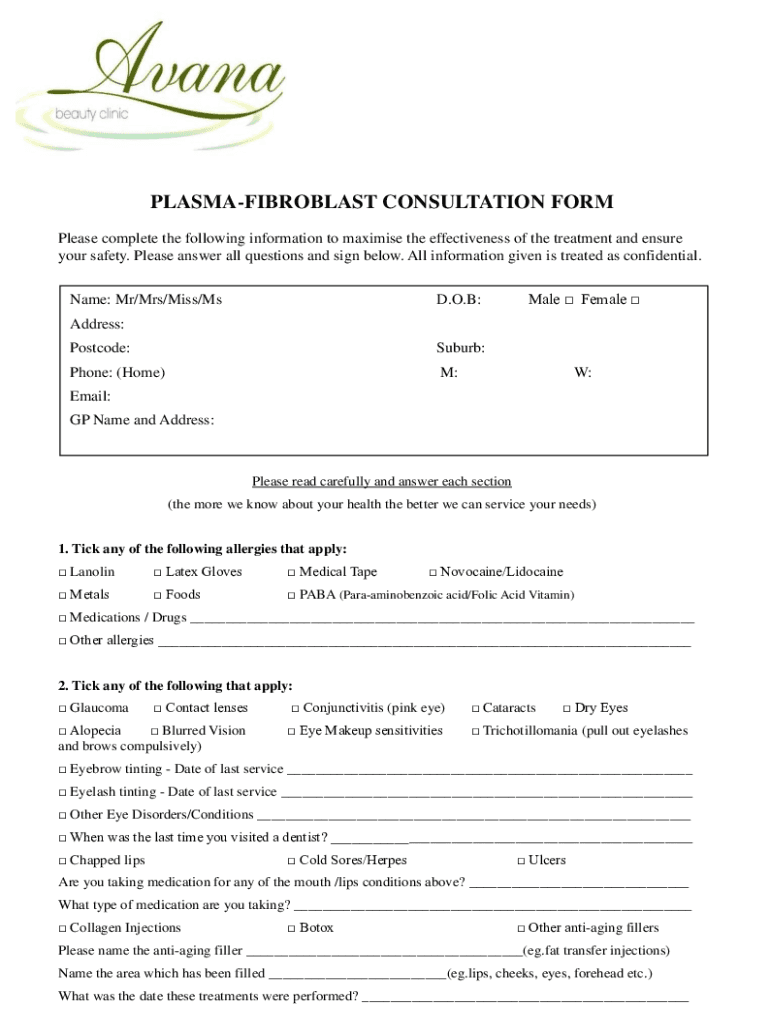 Fillable Online Plasma Pen Consultation and Consent FormSimply Fox Fax ...