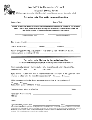 Fillable Online North Pointe Elementary School Medical Excuse Form Fax ...