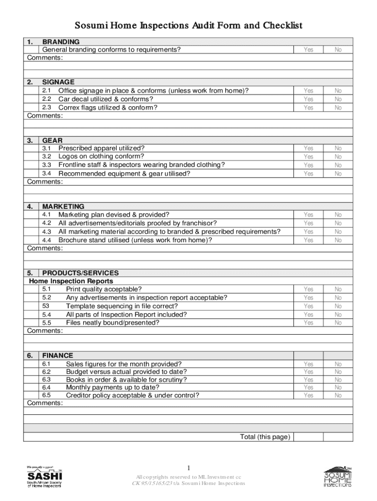 Fillable Online Sosumi Home Inspections Audit Form and Checklist Fax ...