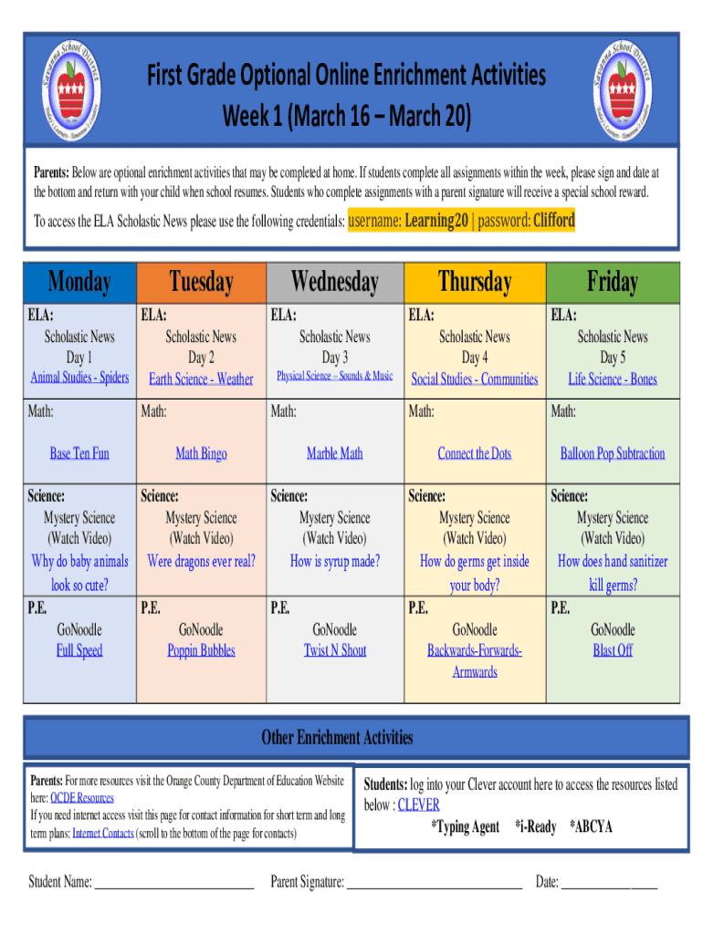 Fillable Online First Grade Optional Online Enrichment Activities Week ...