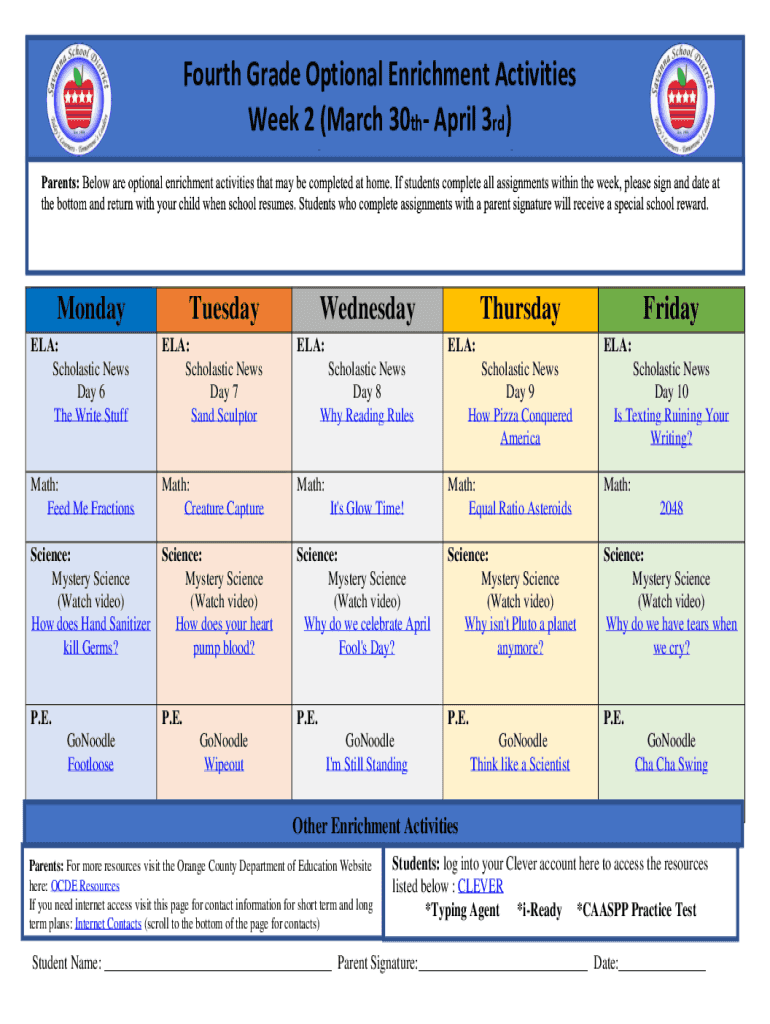 Fillable Online Fourth Grade Optional Enrichment Activities Week 2 ...