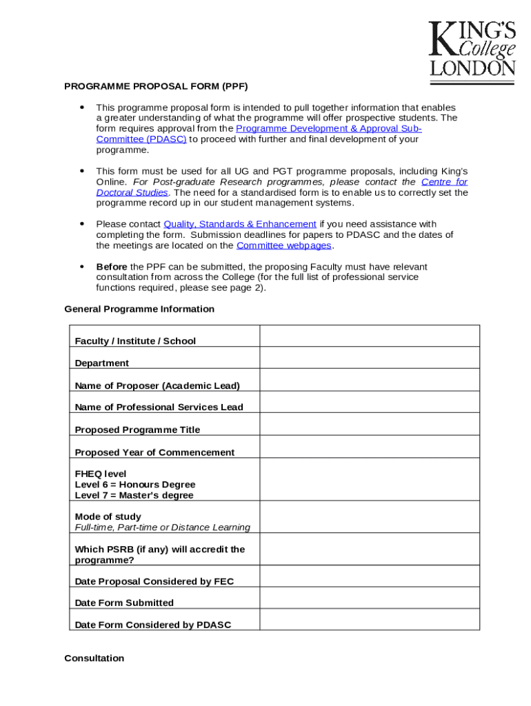 Programme Proposal (PPF). Programme Proposal for new programmes Doc Template | pdfFiller