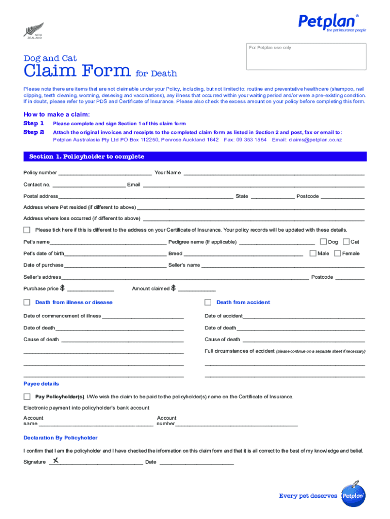 Fillable Online Claim Form for Death - Petplan NZ Fax Email Print ...