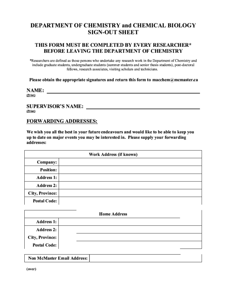 Fillable Online DEPARTMENT OF CHEMISTRY SIGN-OUT SHEET Fax Email Print ...