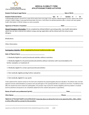 Fillable Online MEDICAL ELIGIBILITY FORM ATHLETICS/SANCTIONED ... Fax ...