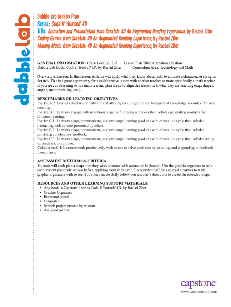 Fillable Online Dabble Lab Lesson Plan Series: Code It Yourself 4D Fax Email Print - pdfFiller