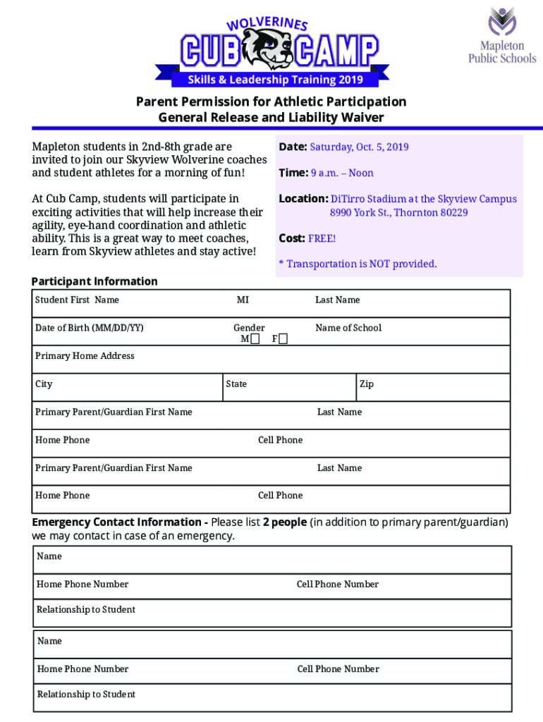 Fillable Online Parent Permission for Athletic Participation General Release ... Fax Email Print ...