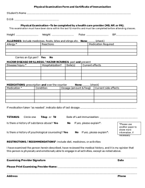 Fillable Online Physical Examination Form and Certificate of ...