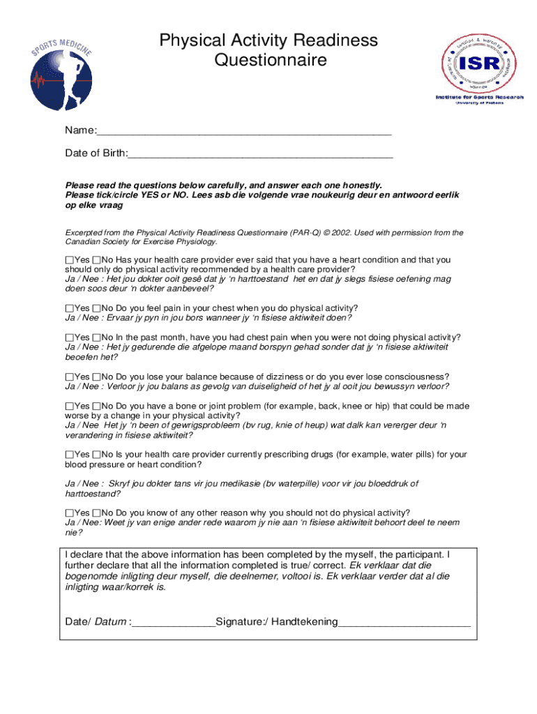 Fillable Online physical activity readiness questionnaire (par-q) Fax ...