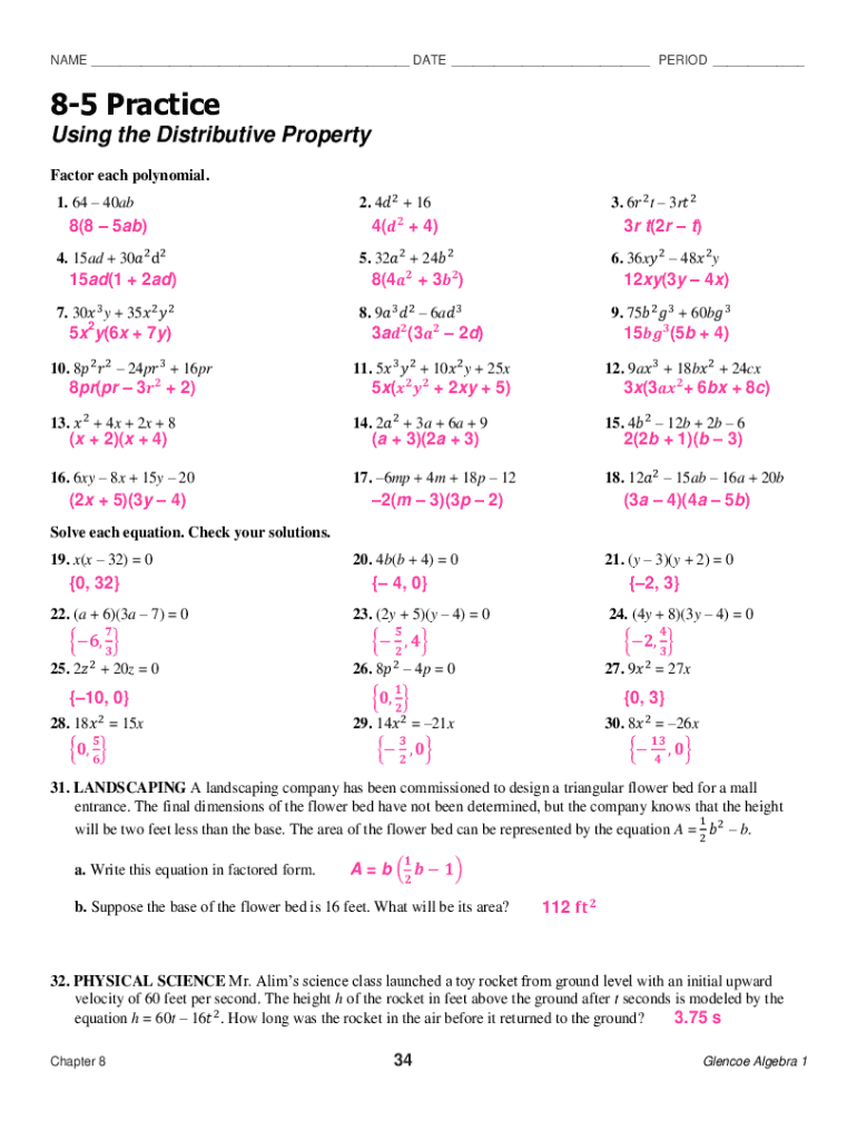 Fillable Online Use the Distributive Property to factor each polynomial ...