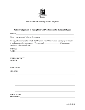 Fillable Online Acknowledgement of Receipt for Gift Certificates to ...