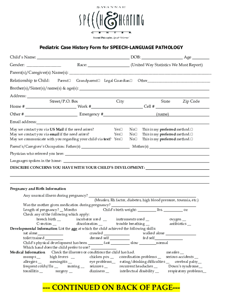 Fillable Online 1 Pediatric Case History Form General Information Child's name Fax Email Print ...
