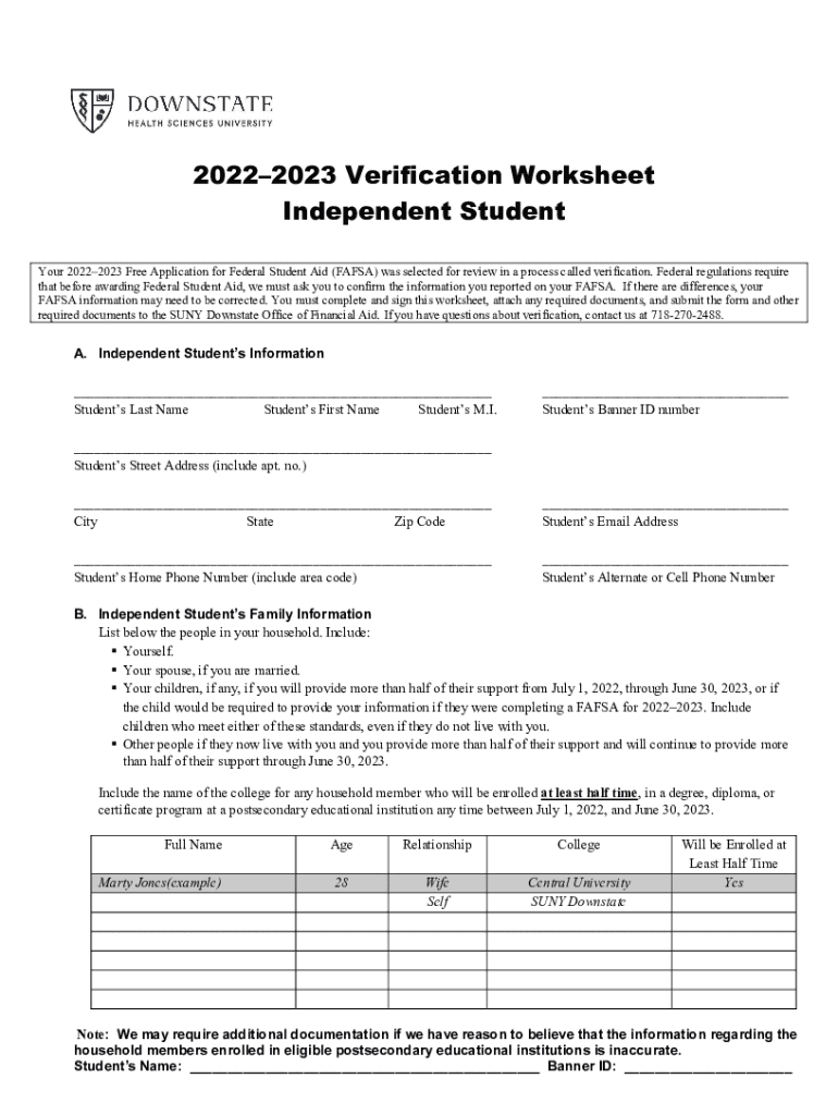 Fillable Online 2022 - 2023 VERIFICATION WORKSHEET Independent Student Fax Email Print - pdfFiller
