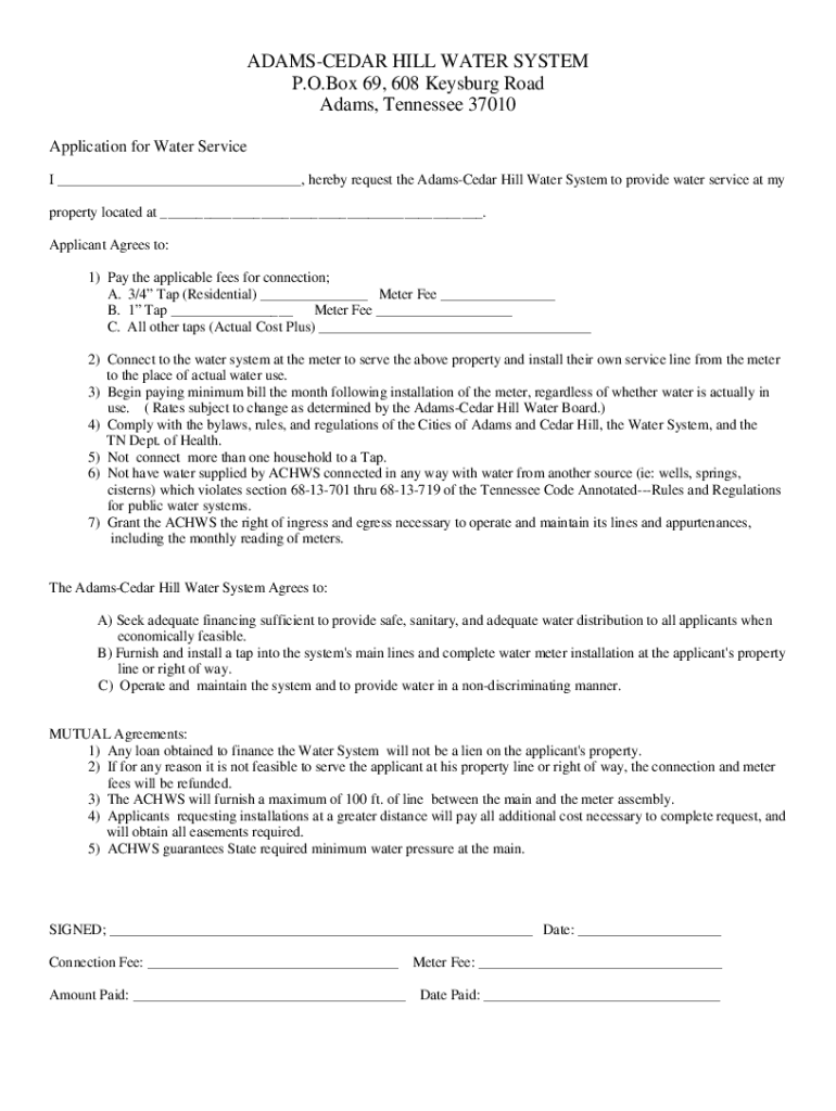 Fillable Online ADAMS-CEDAR HILL WATER SYSTEM P.O.Box 69, 608 Keysburg ... Fax Email Print ...