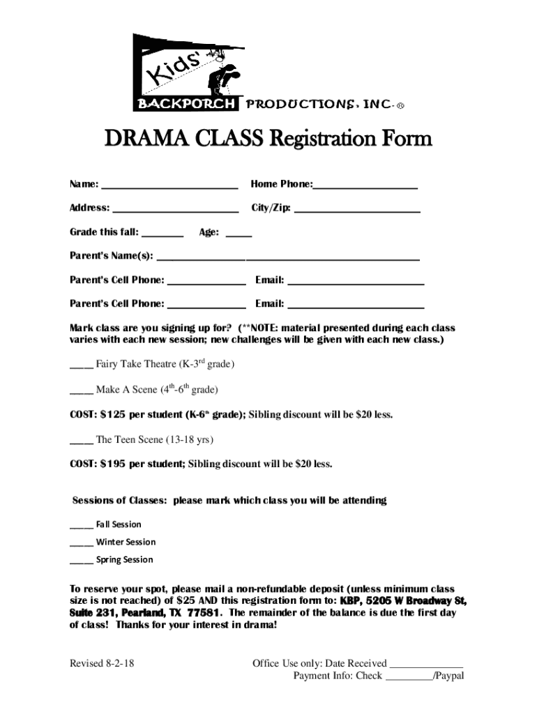 Fillable Online DRAMA CLASS Registration Form Fax Email Print - pdfFiller
