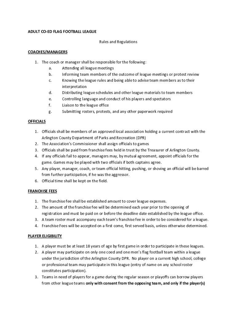 Fillable Online Adult Men's Flag Football League Rules And Regulations ...