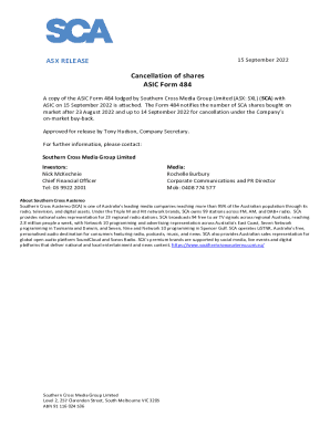 Fillable Online ASX RELEASE Cancellation of shares ASIC Form 484 Fax ...