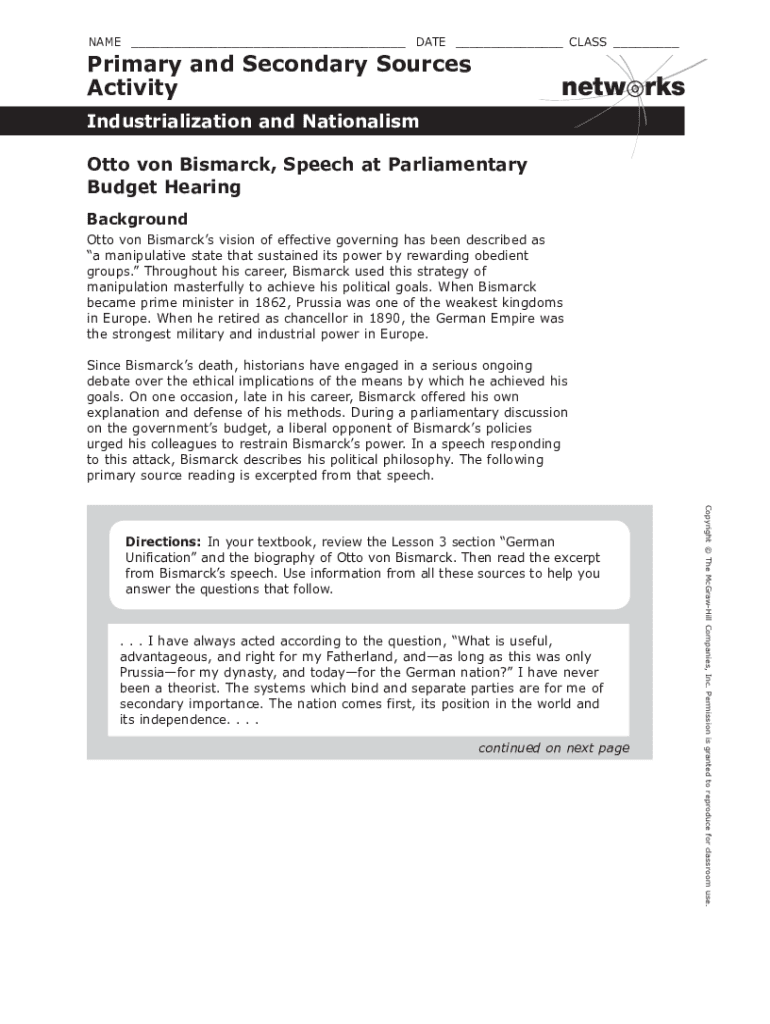 Fillable Online Primary and Secondary Sources Activity: Otto von ...