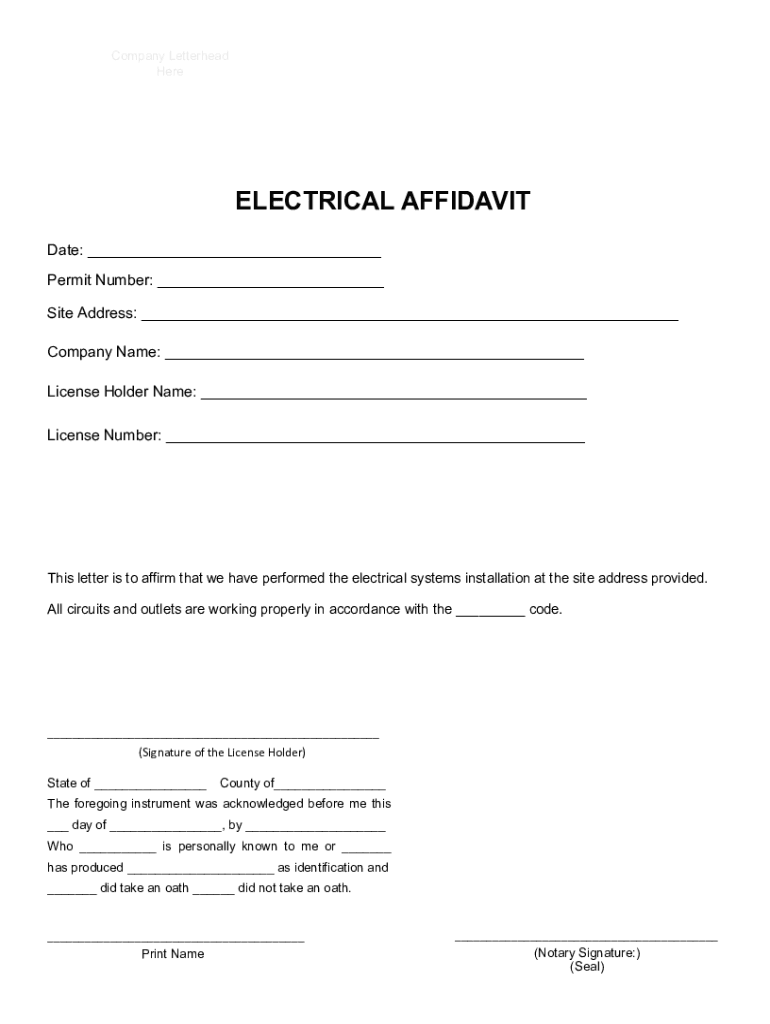 Fillable Online PERMIT - ELECTRICAL AFFIDAVIT Fax Email Print - pdfFiller