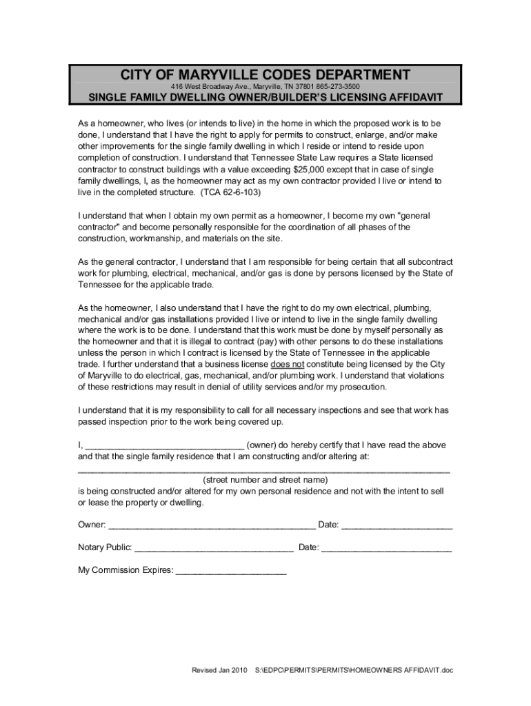 Fillable Online Homeowner-Builder Building Permit Affidavit - Revize ...