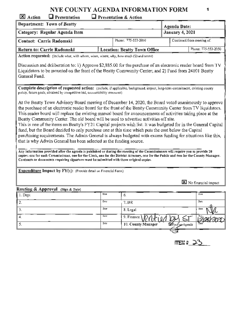 Fillable Online Action - NYE COUNTY AGENDA INFORMATION FORM / Fax Email ...
