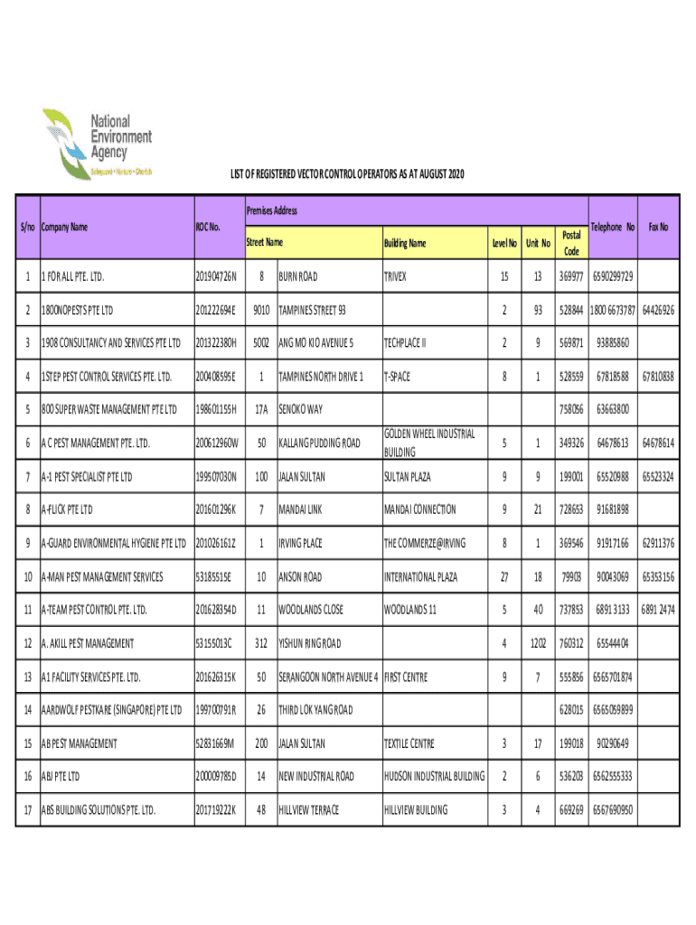 Fillable Online List of Vector Control Operator - Singapore - NEA Fax ...